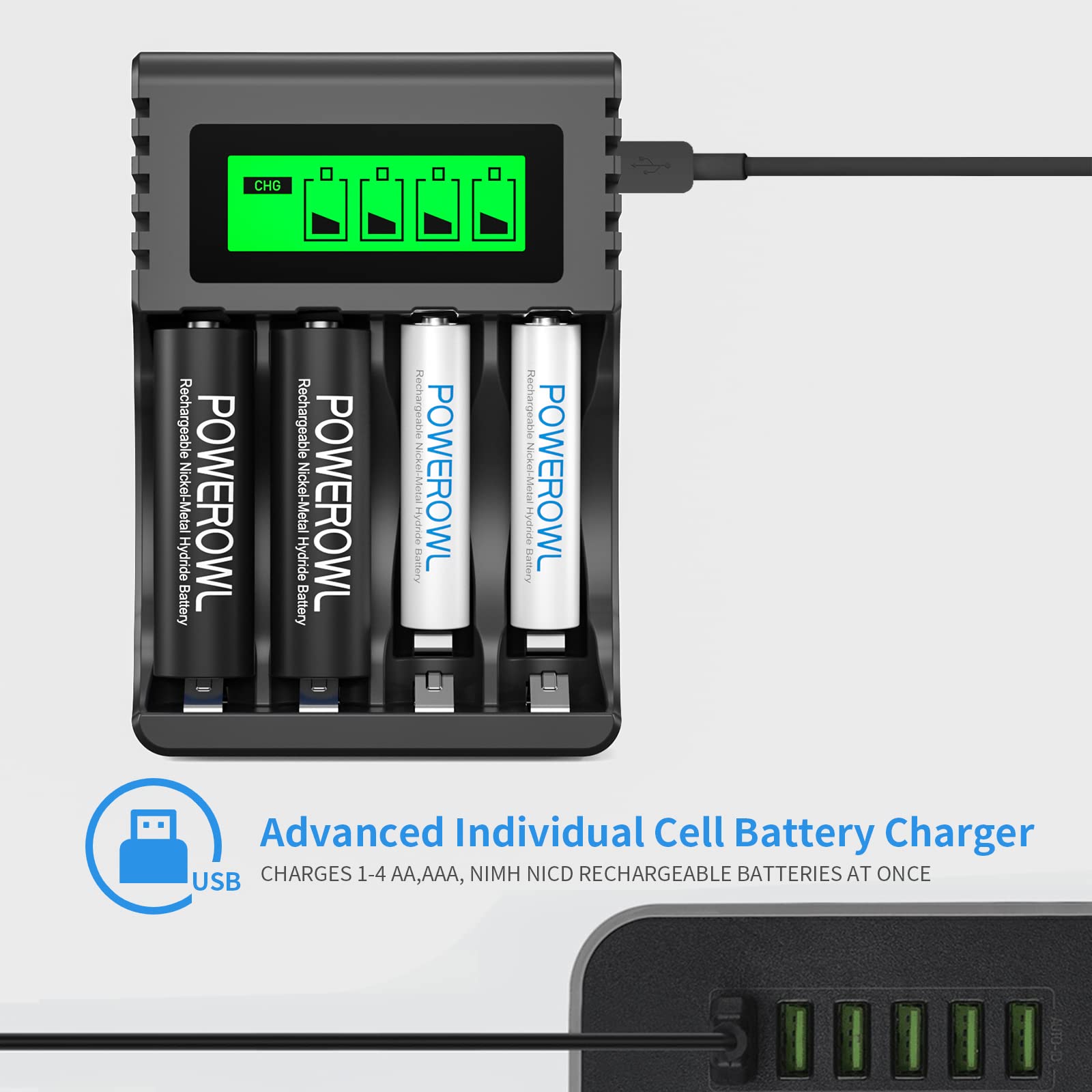 POWEROWL Rechargeable AA Batteries with Charger, 2800mAh High Capacity Low Self Discharge Ni-MH Double A Battery for Xbox Controller Battery Pack, 8 Count