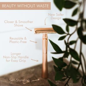 Eco Friendly Safety Razor For Women & Blades | Zero Waste Gift Ideas | Sustainable Shaver for Ladies | Rose Gold Straight Metal Razor | Stainless Steel Double Edge Razors | Reusable Safety Razor Women