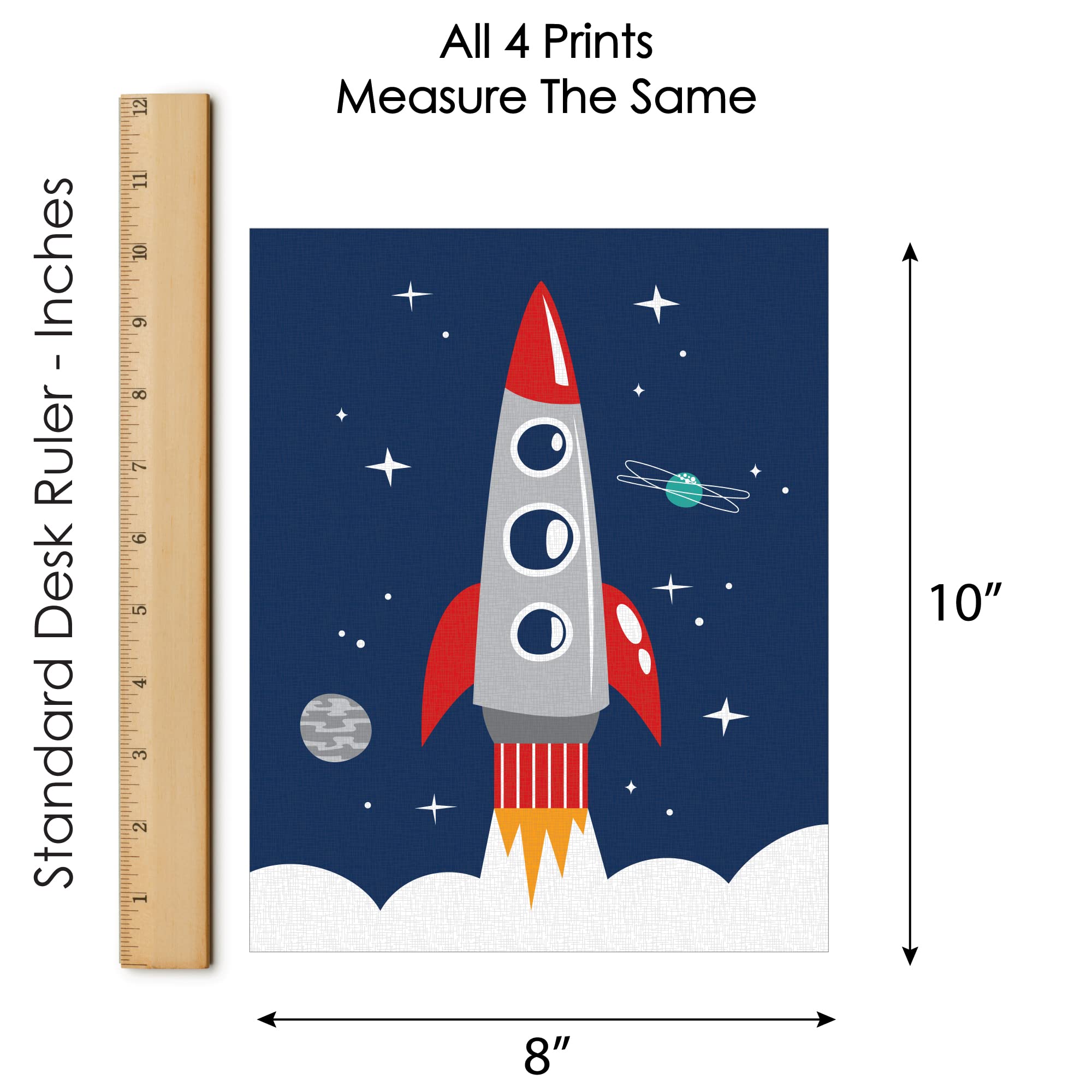 Big Dot of Happiness Blast Off to Outer Space - Unframed Rocket Ship Nursery and Kids Room Linen Paper Wall Art - Set of 4 - Artisms - 8 x 10 inches