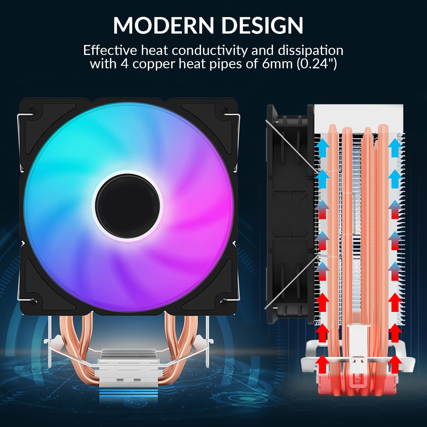 Dracaena RGB CPU Air Cooler, 120mm PWG CPU Fan,4 Heat Pipes, RGB CPU Air Cooling for Intel LGA 1700/115X/1200, AMD AM4/AM5