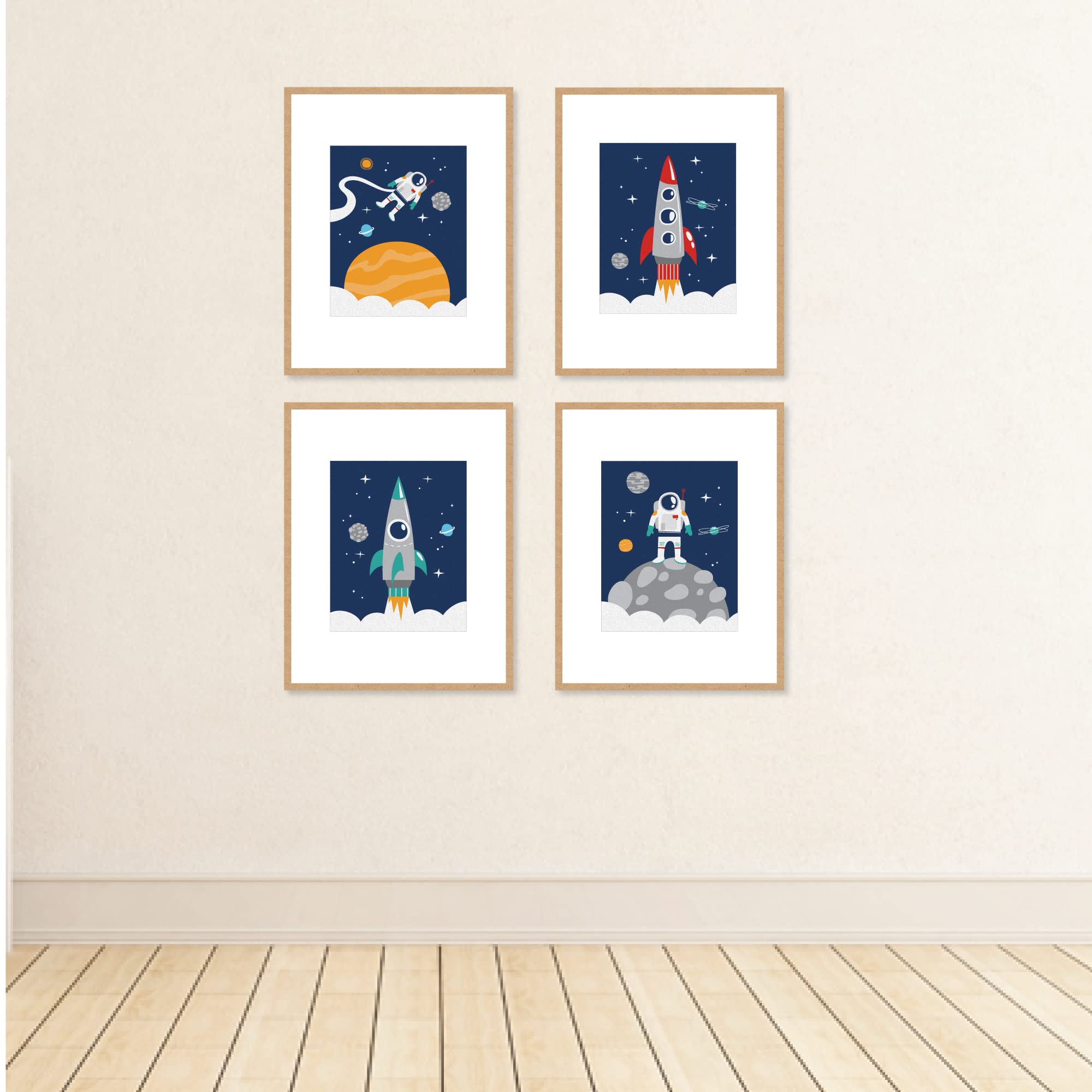 Big Dot of Happiness Blast Off to Outer Space - Unframed Rocket Ship Nursery and Kids Room Linen Paper Wall Art - Set of 4 - Artisms - 8 x 10 inches