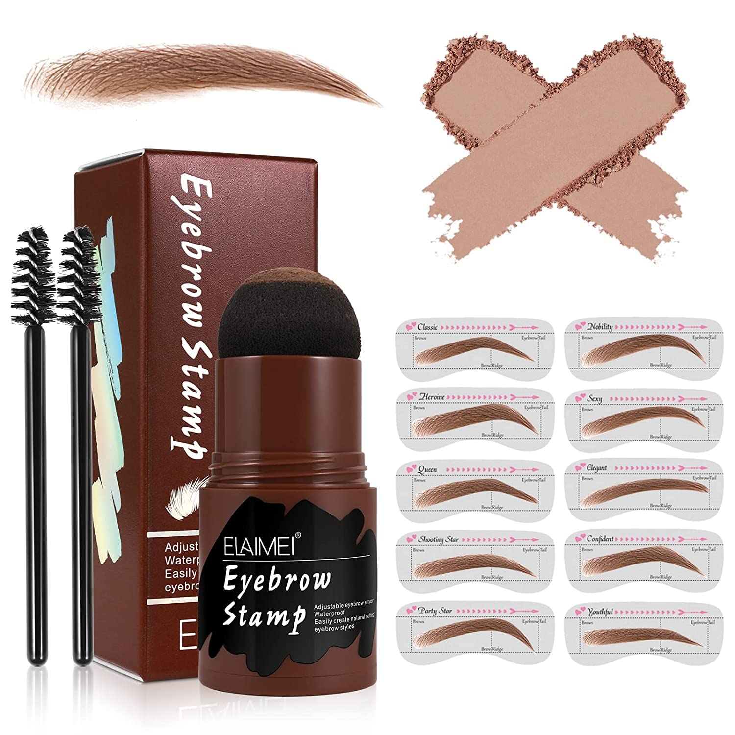 Eyebrow Stamp Stencil Kit, Professional Waterproof Adjustable Long Lasting Buildable Eyebrow Powder Stamp Makeup Tools with 10 Styles Reusable Eyebrow Stencils, 2 Eyebrow Pen Brushes, Medium Brown