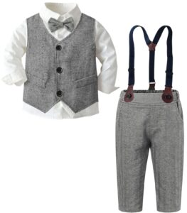 boys dress clothes set, 3pcs baby boy formal suits with bowtie dress shirt + suspender pants + suit vest wedding clothing outfits for boys， grey zsl， 18-24 months = tag 90