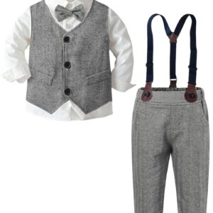 Boys Dress Clothes Set, 3PCS Baby Boy Formal Suits with Bowtie Dress Shirt + Suspender Pants + Suit Vest Wedding Clothing Outfits for Boys， Grey Zsl， 18-24 Months = Tag 90