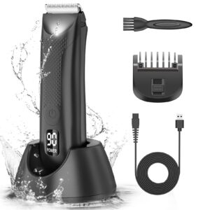 electric groin hair trimmer, beard trimmer for men, pubic hair trimmer with light, power led display, standing recharge dock, guide comb, waterproof ipx7 body hair trimmer for men, wet and dry use