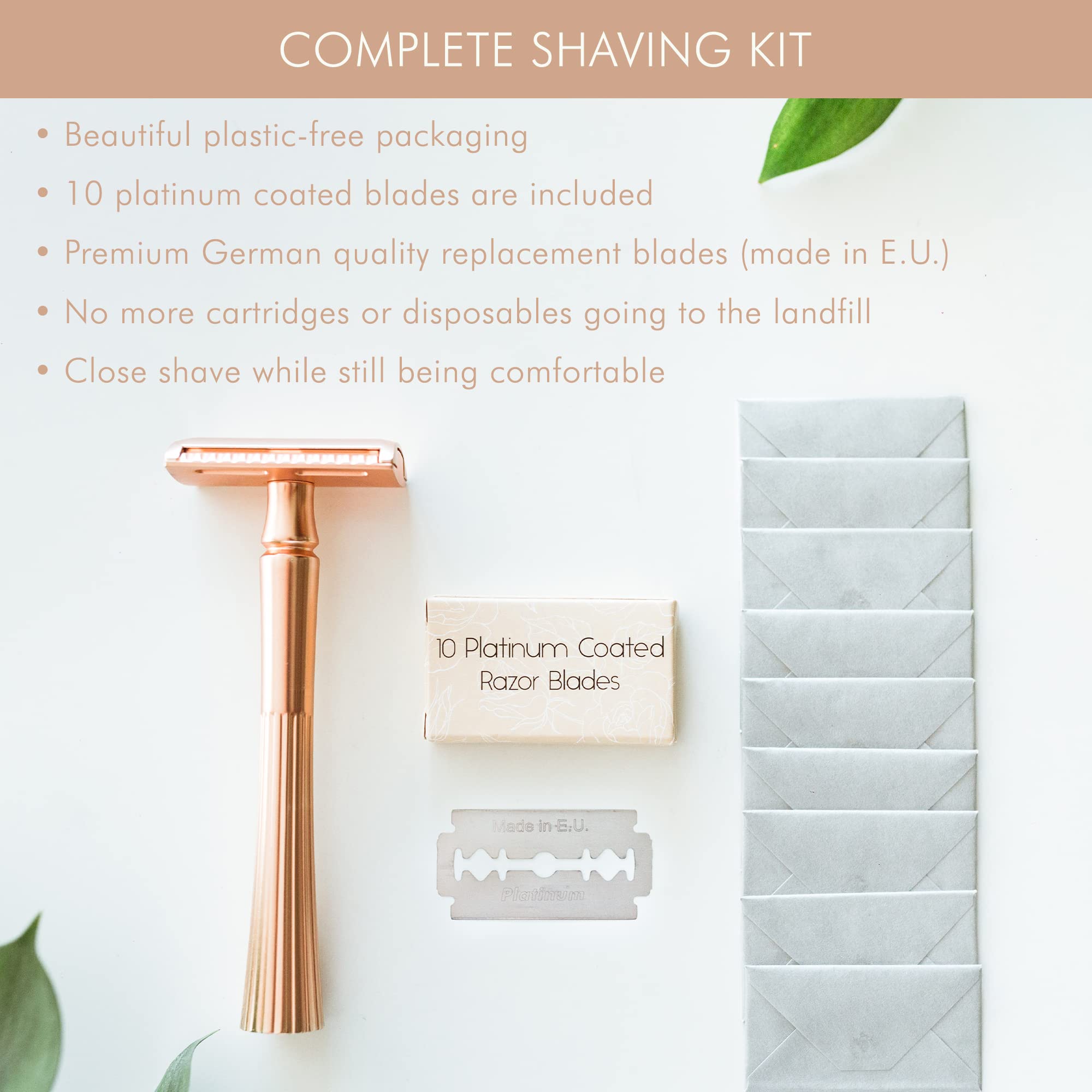 Eco Friendly Safety Razor For Women & Blades | Zero Waste Gift Ideas | Sustainable Shaver for Ladies | Rose Gold Straight Metal Razor | Stainless Steel Double Edge Razors | Reusable Safety Razor Women