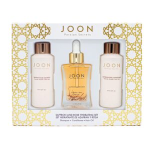 joon moisturizing travel size gift set | saffron hair elixir (1.11 fl oz), saffron rose shampoo (2 fl oz) and conditioner (2 fl oz)