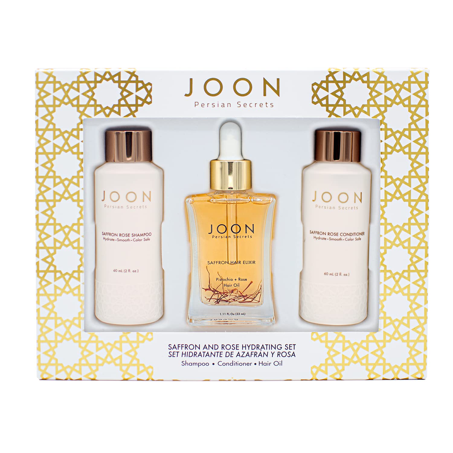 Joon Moisturizing Travel Size Gift Set | Saffron Hair Elixir (1.11 fl oz), Saffron Rose Shampoo (2 fl oz) and Conditioner (2 fl oz)