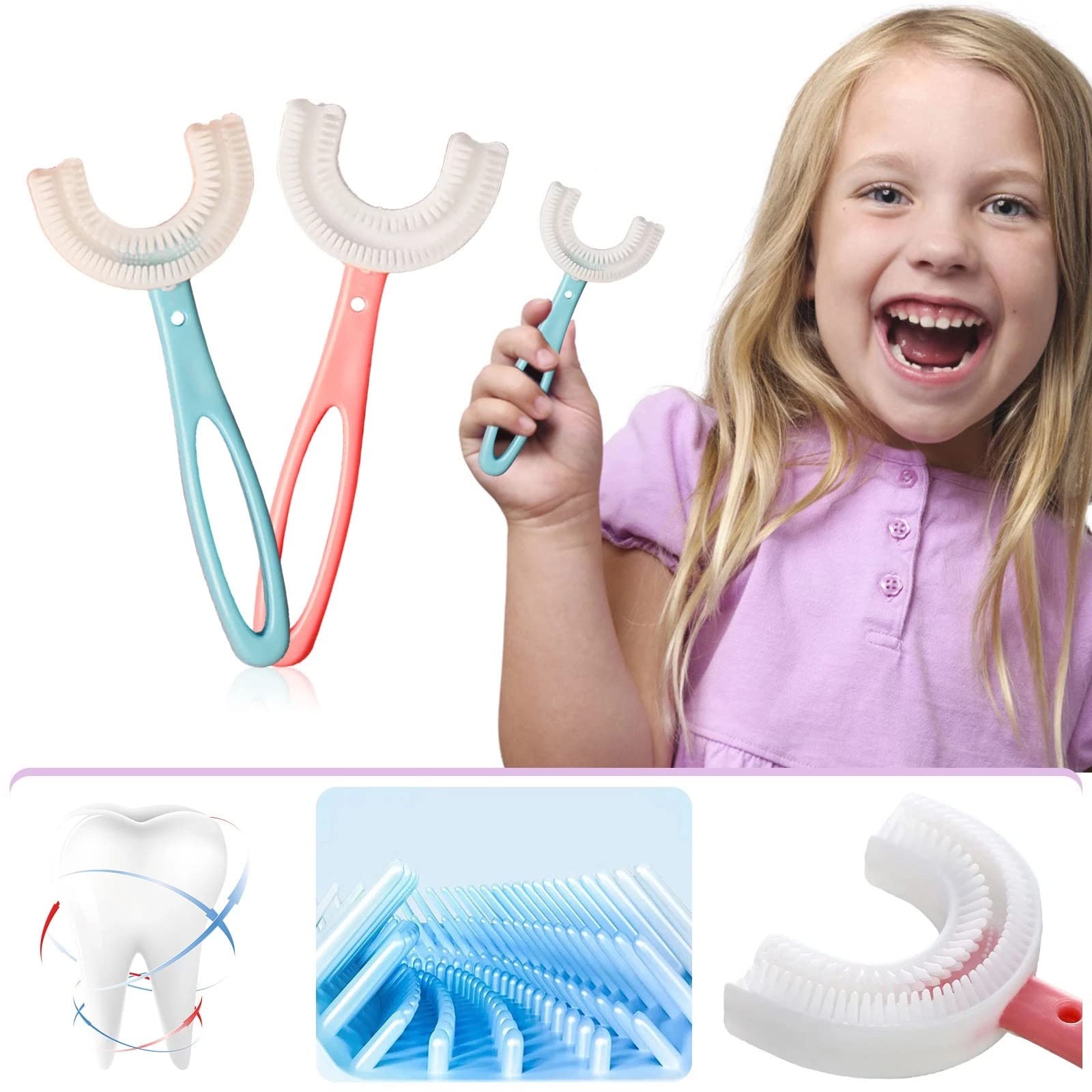 4 Piece Rounded U-Shaped Toothbrush for Kids- Soft and Gentle Silicone Material-Great and Gentle for Children's Teeth- Manual Brush- Teeth Cleaning Product- Easy to use, Pink and Blue