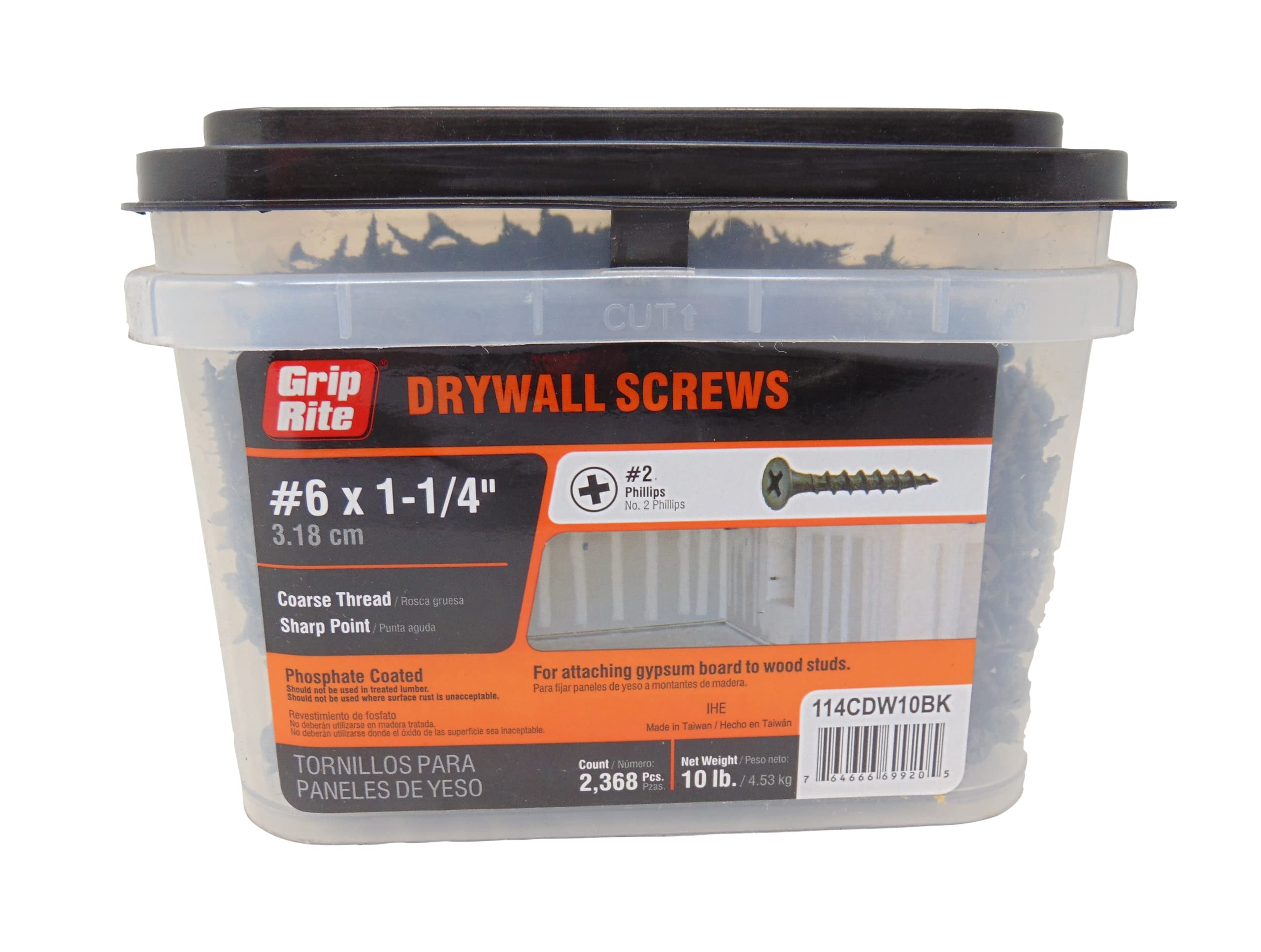 Gripe Rite 114CDW10BK #6 by 1-1/4-inch Coarse Thread Sharp Point Black Phosphate Coated Bulk Drywall Screws 2,368 count, 10lbs.