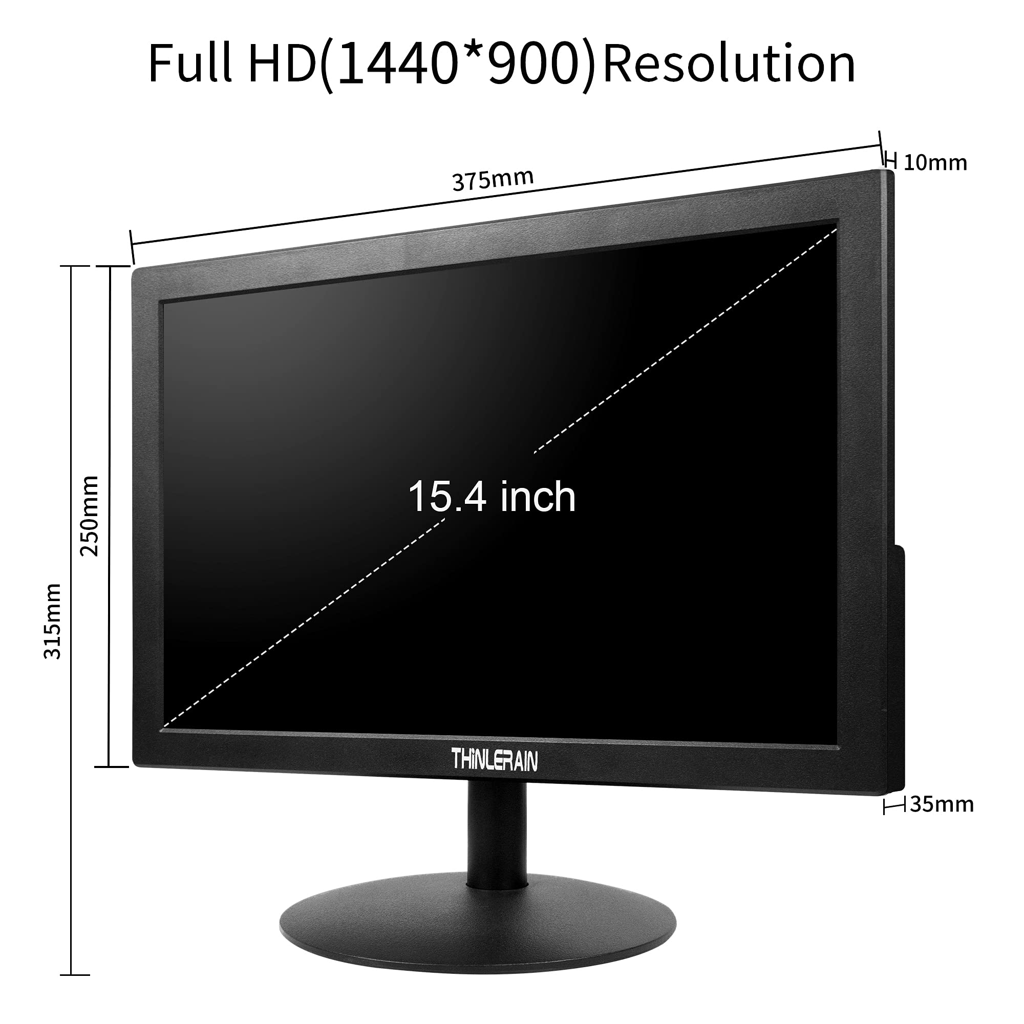 Thinlerain 15 inch PC Monitor 16:9 LED HDMI Monitor 1440×900, 60 Hz Refresh Rate, 5Ms Response Time, VGA, HDMI, TN Panel, Built-in Speakers