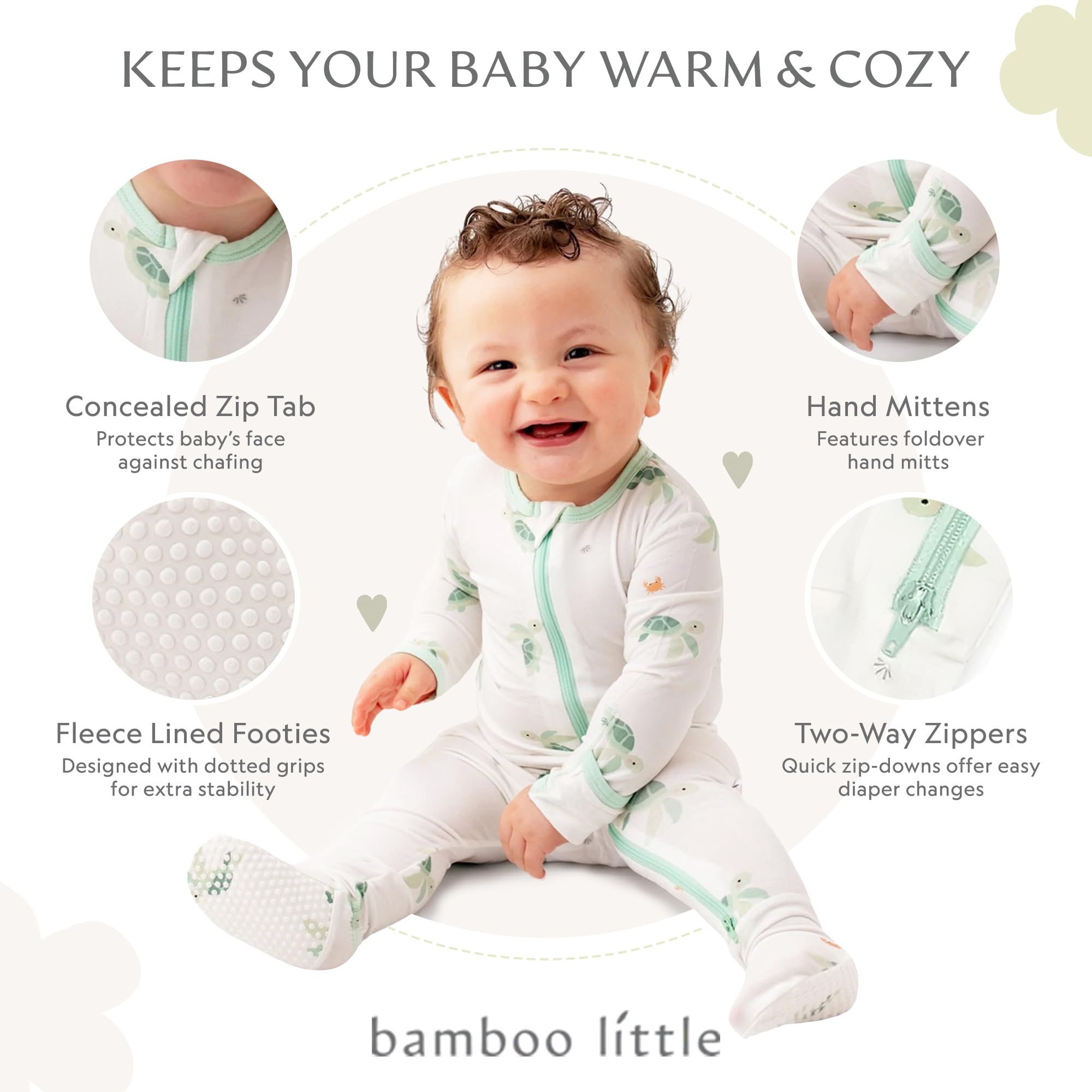 Turtle Footie for Baby - 95% Viscose from Bamboo, 5% Spandex - Soft Newborn Sleepwear, Baby Pajamas, Unisex Baby Clothes, Zipper Romper, Long Sleeve Footed Onesie - Turtle - Imported