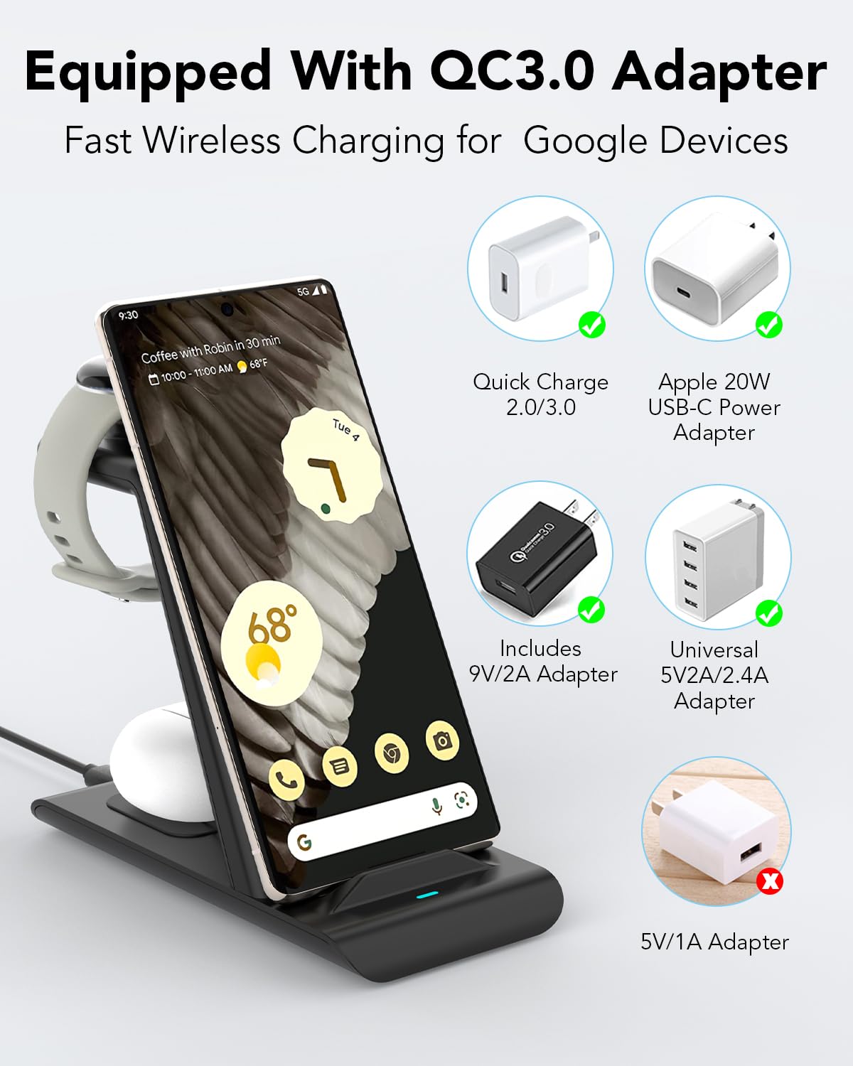 Upgraded 3 in 1 Wireless Charger Compatible with Google Pixel Watch 3/2, Pixel 9 Pro XL/9/8/7/7A/6 Pro, Pixel Buds Pro/2, Wireless Charging Station for Multiple Devices (Not for Pixel Watch 1)