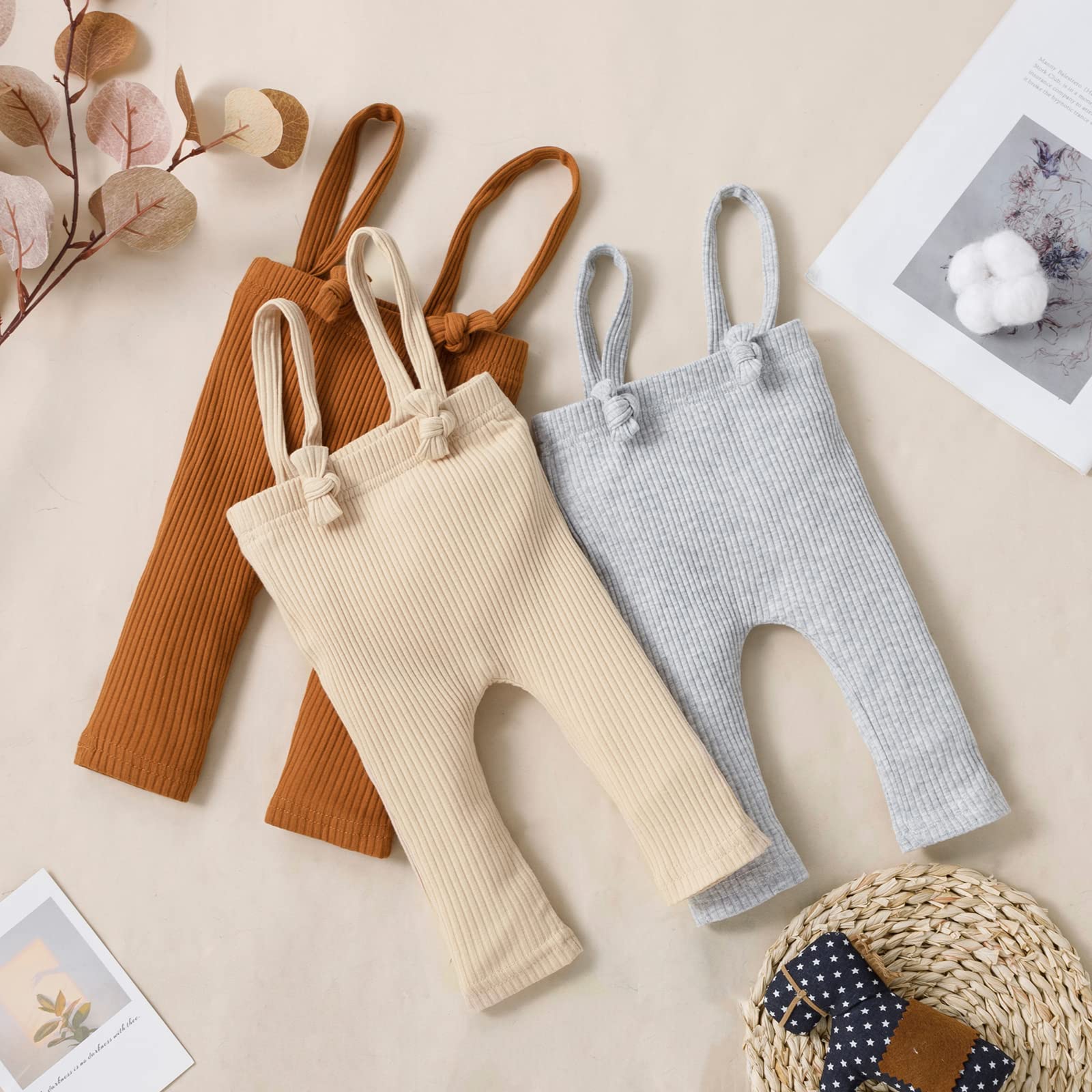 U·nikaka Cotton Rib-Knit Legging Pants with Suspenders Solid Mustard Cream Brown Baby Unisex Pants Adjustable Knot Straps Leggings Grey, 12-18 Months