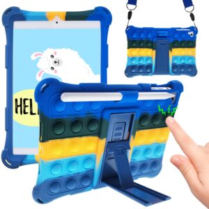 izi way pop it ipad tablet case, ipad 9th / 8th / 7th generation case 10.2" kids boys, fidgets poppet puppet pop its bubble silicone case, stand, strap, pencil holder for 10.5" ipad pro/air 3 – blue