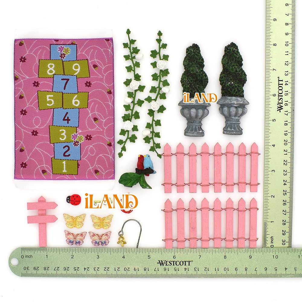 iland Fairy Door for Wall with Dollhouse Accessories, Magical Wooden Elf Door, Tooth Fairy Kit (21pcs Pink)