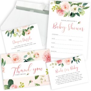 set of 25 pink boho baby shower invitations for girl - floral girl baby shower invitations with envelopes, book request cards & diaper raffle tickets - baby shower thank you cards included