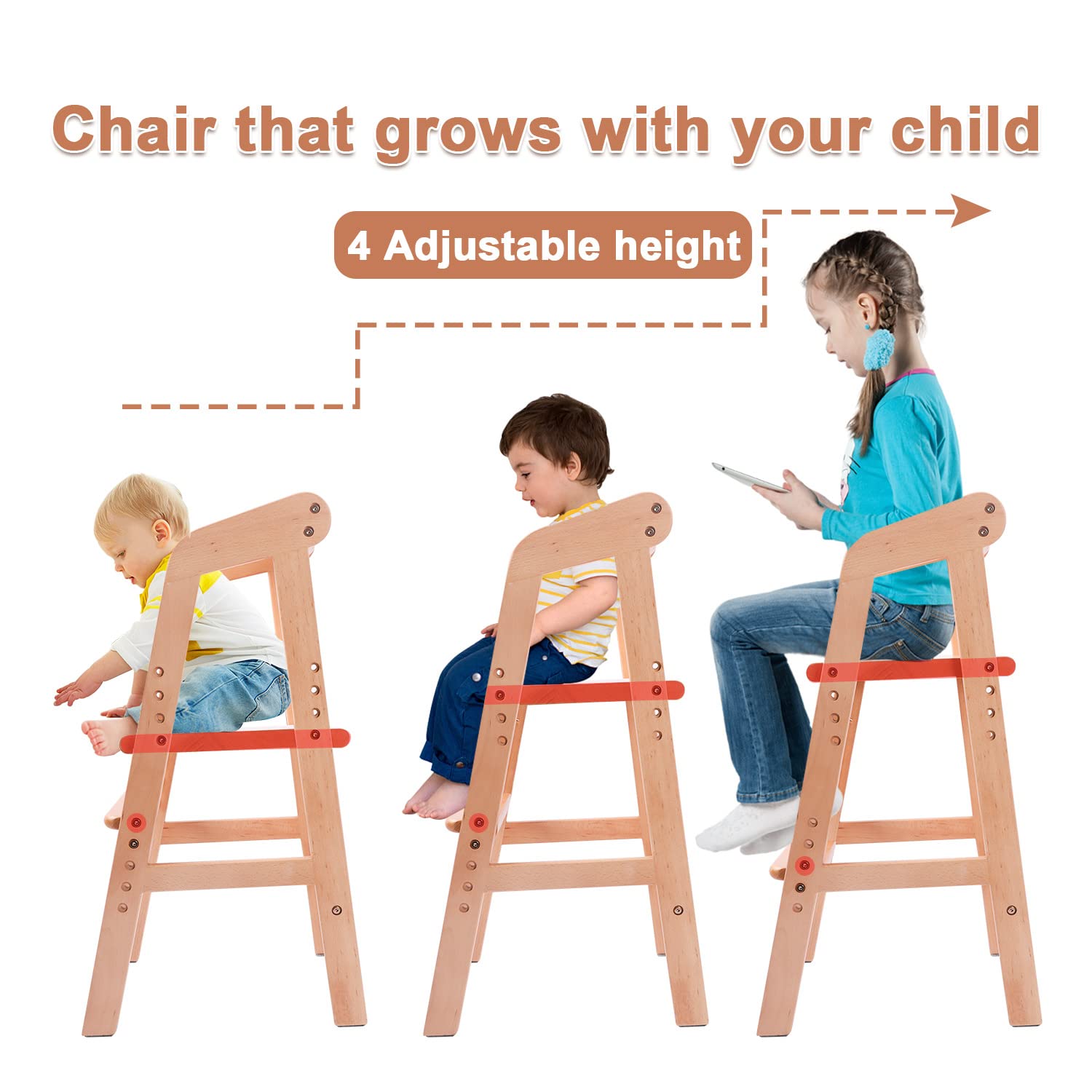 YOLEO High Chair Wooden for Toddlers Junior Childs, Sturdy Durable Dining Feeding Chair with Steps Grows with Child, Max 60kg (Natural Color)