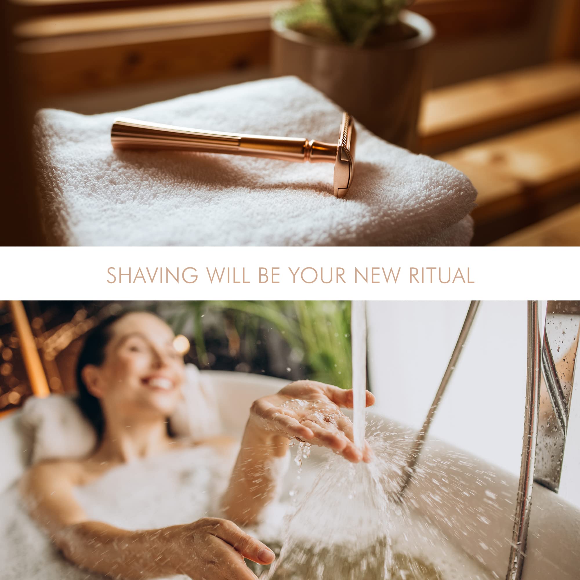 Eco Friendly Safety Razor For Women & Blades | Zero Waste Gift Ideas | Sustainable Shaver for Ladies | Rose Gold Straight Metal Razor | Stainless Steel Double Edge Razors | Reusable Safety Razor Women