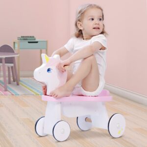 labebe Wooden Balance Walker for Baby 1-3 Years Old, Kids Ride On Unicorn Toys, Infant Riding Walker with 4 Wheels, Toddler Ride Balance Toy for 12 Months and Up Birthday Gift(Pink,White)