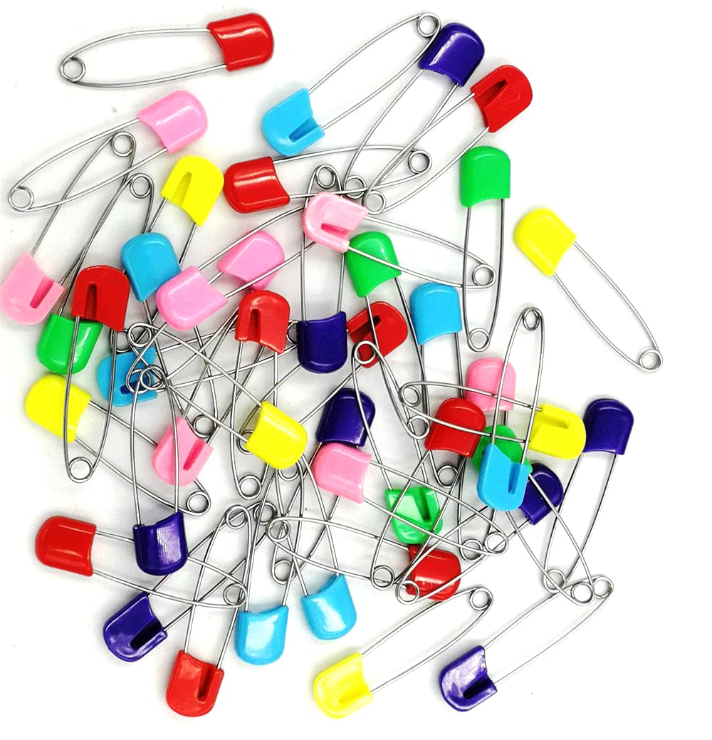 Diaper Pins, 50 Safety Pins Plastic Head Stainless Steel Diaper Pins with Safe Locking Closures for Diaper Clothes Dress Craft Hold Clip