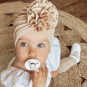 Cinaci 8 Pack Soft Cotton Solid Turban Hats Caps Beanies Headwraps with Big Flower Bow for Baby Girls Infants Toddlers Kids