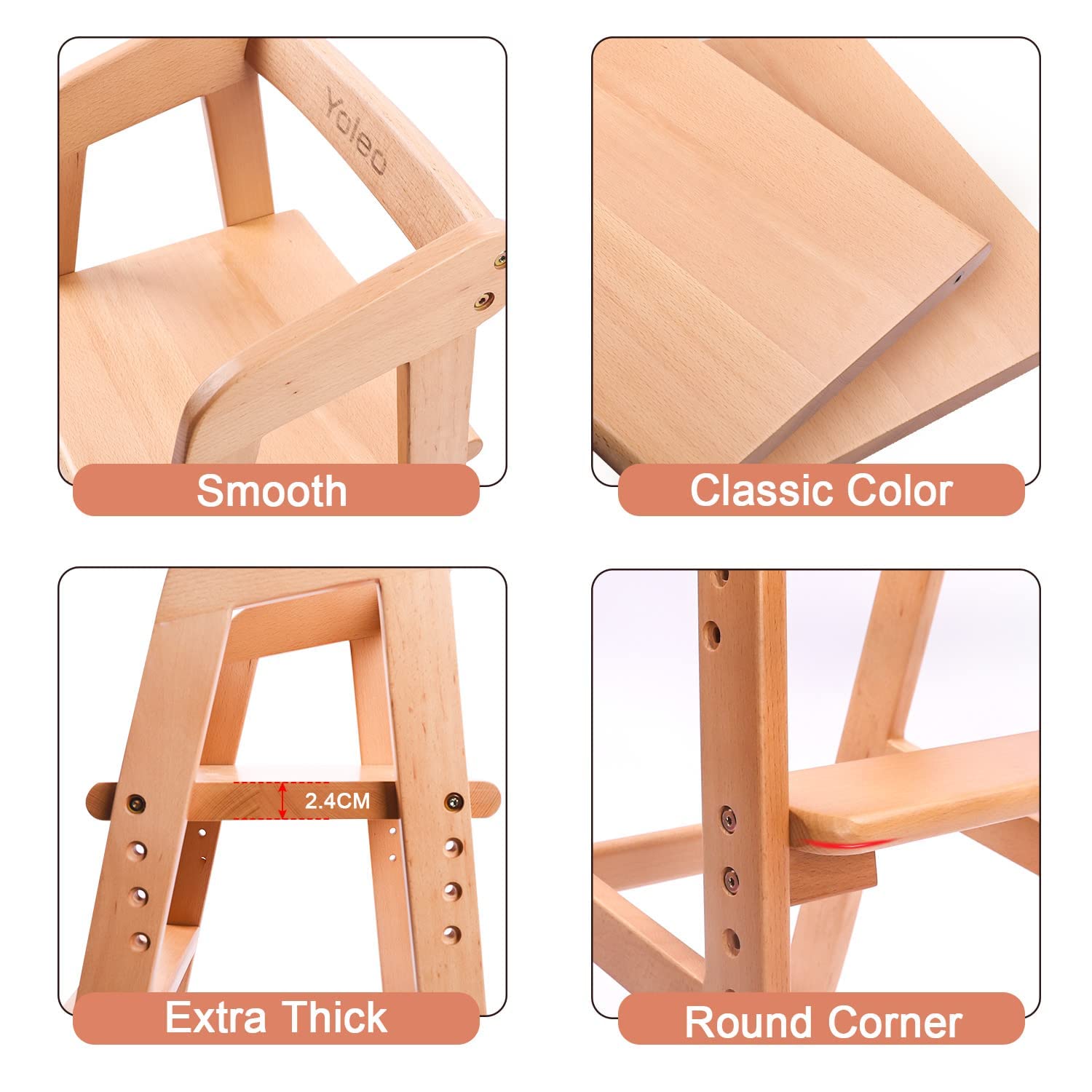 YOLEO High Chair Wooden for Toddlers Junior Childs, Sturdy Durable Dining Feeding Chair with Steps Grows with Child, Max 60kg (Natural Color)