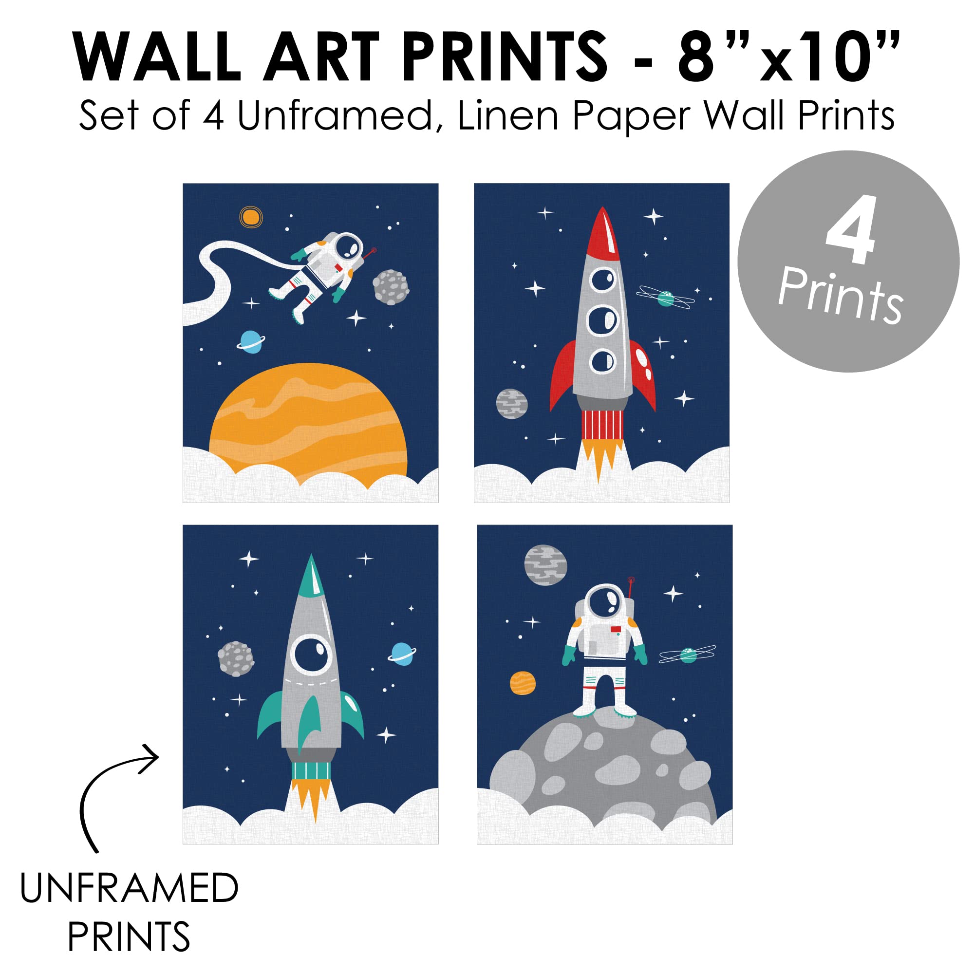 Big Dot of Happiness Blast Off to Outer Space - Unframed Rocket Ship Nursery and Kids Room Linen Paper Wall Art - Set of 4 - Artisms - 8 x 10 inches