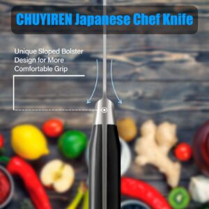 CHUYIREN Japanese Chef Knife 9.5 inches, Professional Gyuto Chef Knife, Sharp Sashimi Knife with Black Ergonomic Handle, Sushi Knife for Household or Valentines Day Gifts