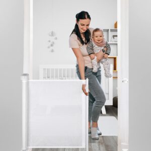 papablic retractable baby gate, auto lock safety gate for baby and pet, 34" tall, extends to 71" wide, extra wide dog gate for indoor outdoor stairs doorways hallways