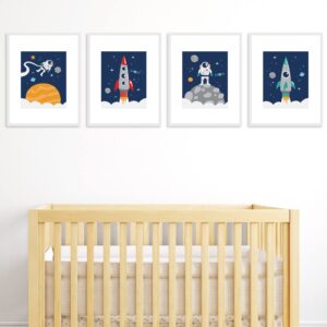 Big Dot of Happiness Blast Off to Outer Space - Unframed Rocket Ship Nursery and Kids Room Linen Paper Wall Art - Set of 4 - Artisms - 8 x 10 inches