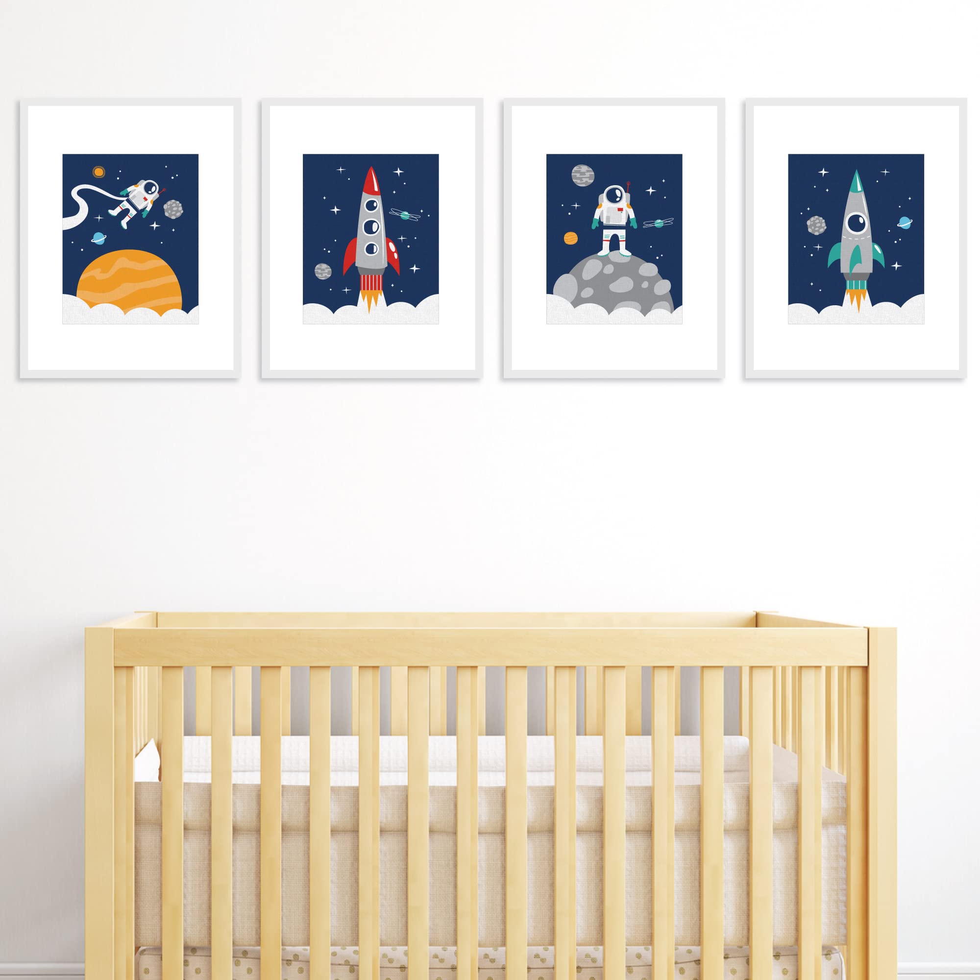 Big Dot of Happiness Blast Off to Outer Space - Unframed Rocket Ship Nursery and Kids Room Linen Paper Wall Art - Set of 4 - Artisms - 8 x 10 inches