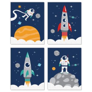 big dot of happiness blast off to outer space - unframed rocket ship nursery and kids room linen paper wall art - set of 4 - artisms - 8 x 10 inches