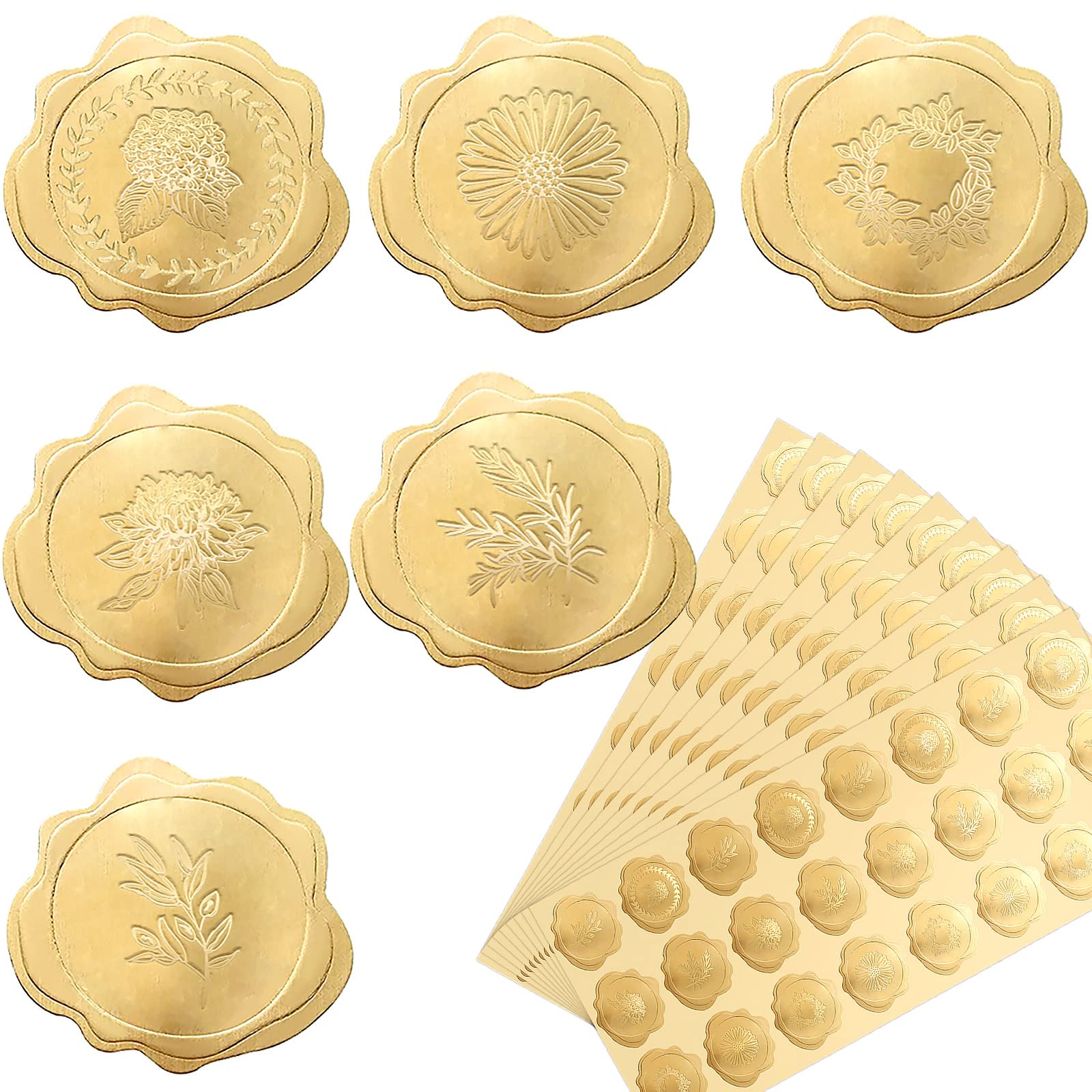 480 Pcs Christmas Envelope Stickers Gold Foil Embossed Envelope Stickers Wax Seals Stickers Adhesive Flower DIY Seal Decal Labels for Greeting Card Wedding Invitations Xmas Party Favors (Flower Style)