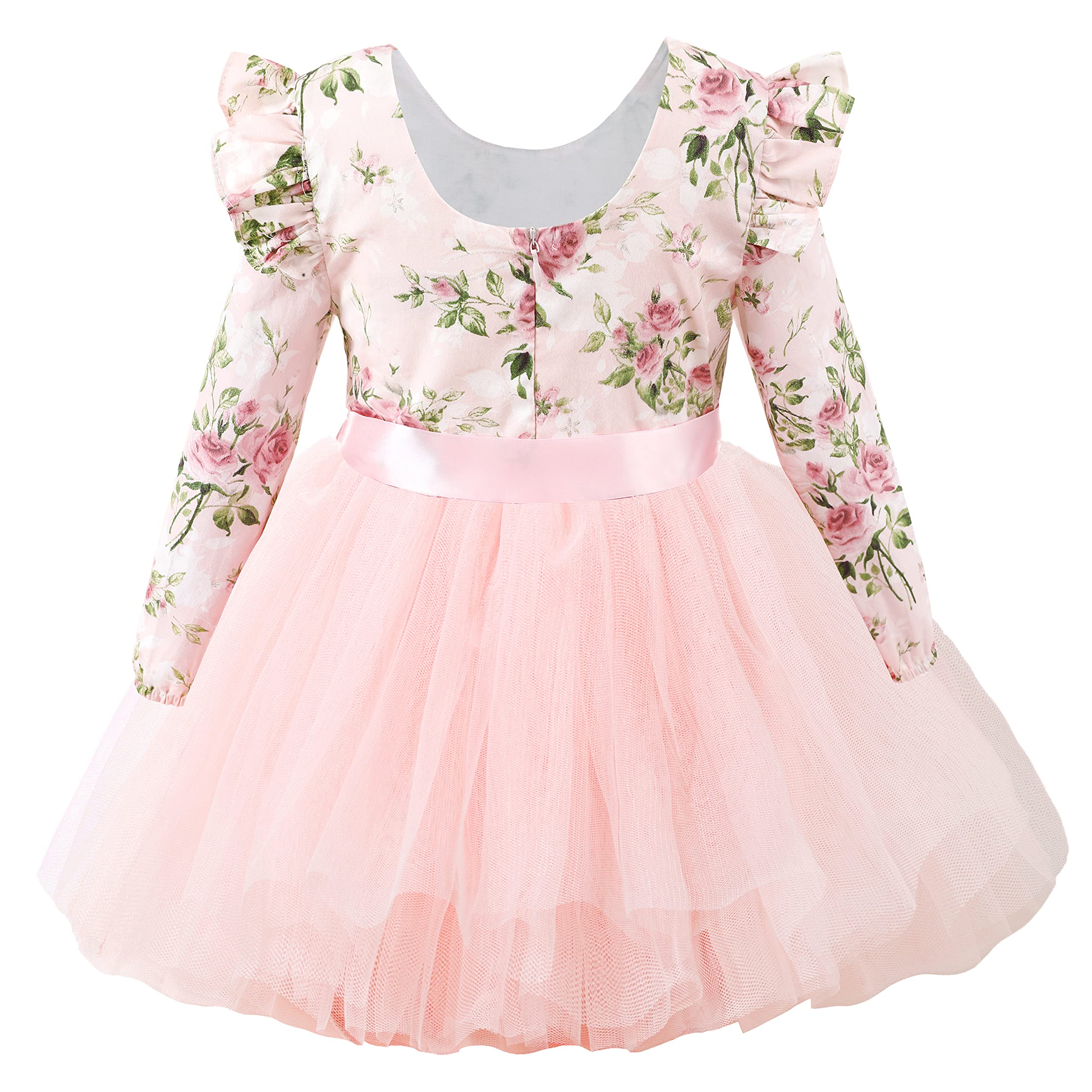 Flofallzique Toddler Tulle Dress Long Sleeves Vintage Floral Little Girls Tea Party Dresses (Peach, 1 Year)