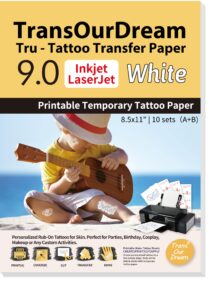 transourdream white printable temporary tattoo transfer paper for inkjet & laser printer (a+b per set, 10 sets, 8.5x11") diy personalized waterproof temporary tattoos for skin (tat9-10)