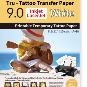 TransOurDream White Printable Temporary Tattoo Transfer Paper for Inkjet & Laser Printer (A+B per Set, 10 Sets, 8.5x11") DIY Personalized Waterproof Temporary Tattoos for Skin (TAT9-10)