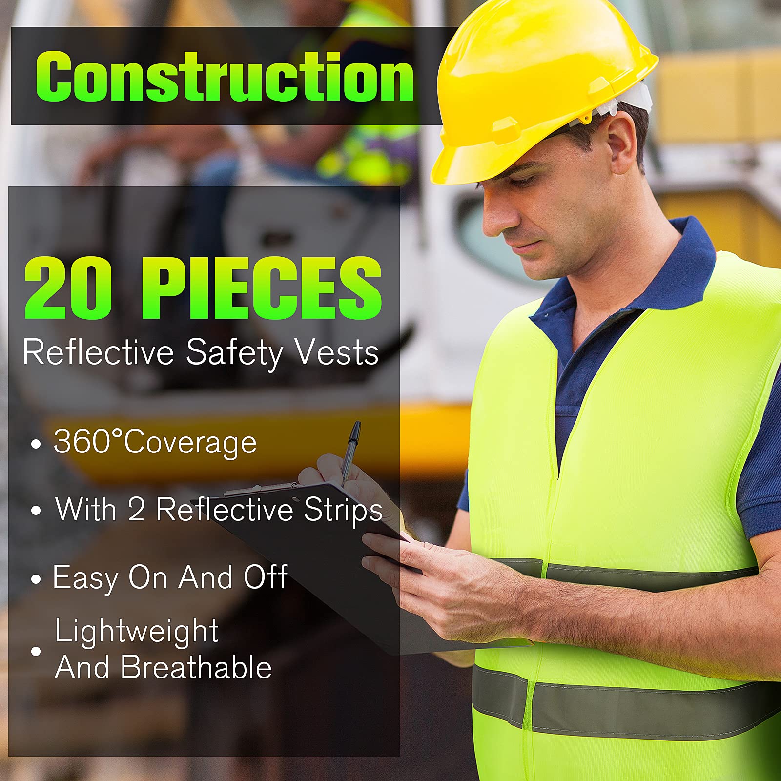 Coume 20 Pieces Safety Vests Bulk High Visibility Reflective Vests Mesh Construction Working Vests with 2 Reflective Strips