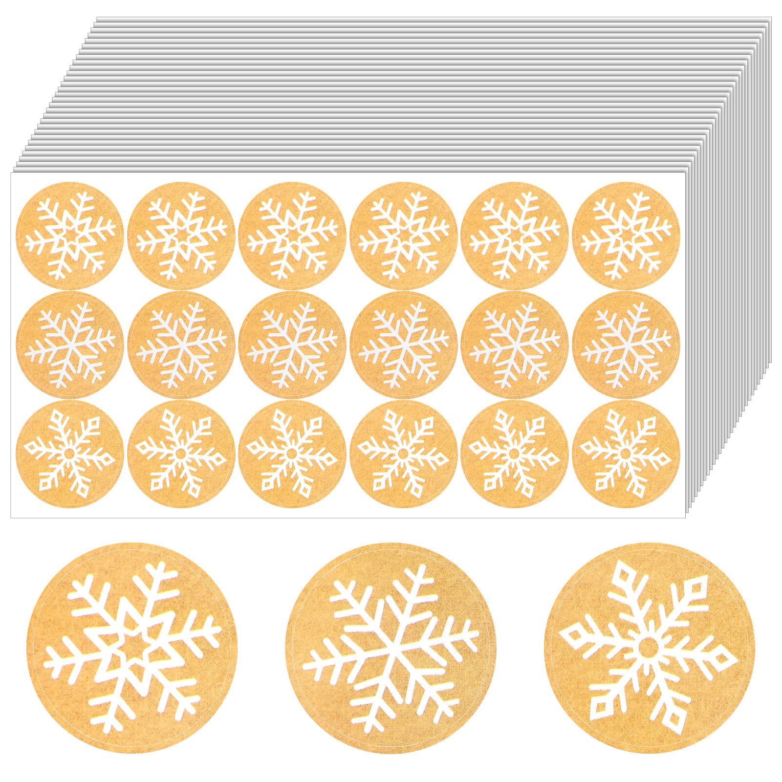 540 Pieces Christmas Snowflake Sealing Stickers 1.38 Inch Kawaii Snowflakes Stickers Christmas Circle Label Stickers for Candy Cookie Bag Envelope Seals Decorations, 30 Sheets (Khaki)