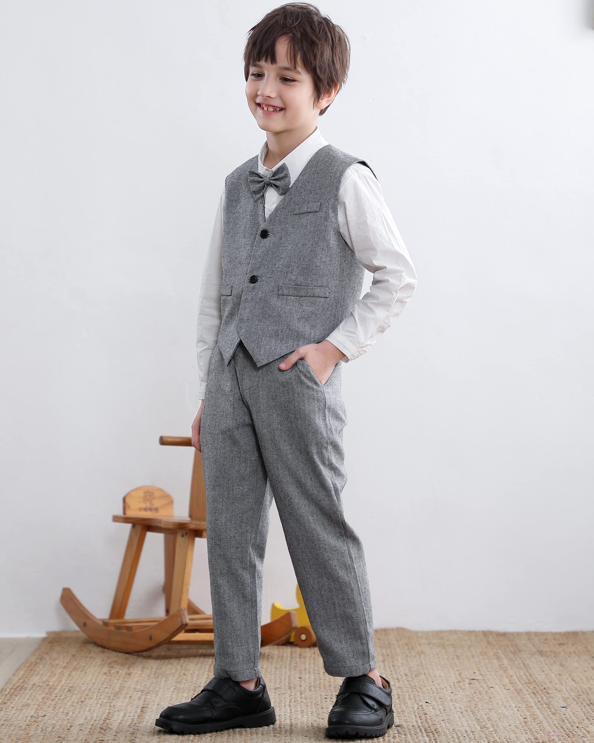 Boys Dress Clothes Set, 3PCS Baby Boy Formal Suits with Bowtie Dress Shirt + Suspender Pants + Suit Vest Wedding Clothing Outfits for Boys， Grey Zsl， 18-24 Months = Tag 90