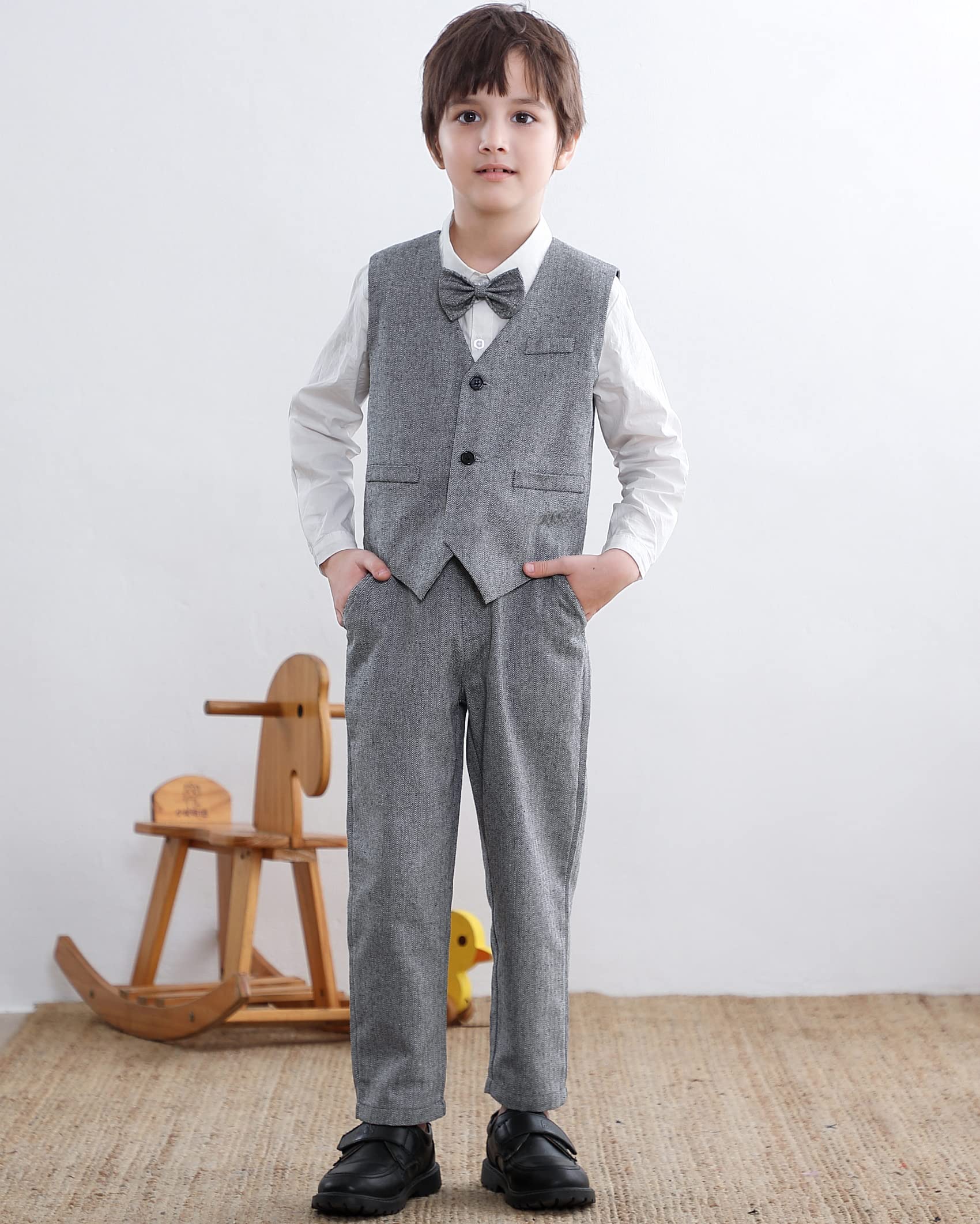 Boys Dress Clothes Set, 3PCS Baby Boy Formal Suits with Bowtie Dress Shirt + Suspender Pants + Suit Vest Wedding Clothing Outfits for Boys， Grey Zsl， 18-24 Months = Tag 90