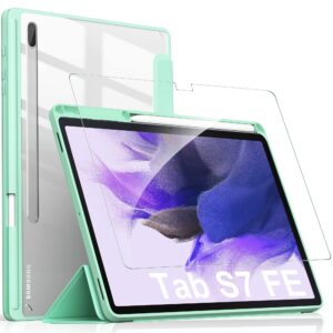 qitayolife hybrid slim case for galaxy tab s7 fe with screen protector, clear transparent shockproof back cover with s pen holder auto wake/sleep for samsung galaxy tab s7 fe 12.4 inch (tea green)