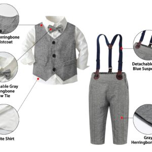 Boys Dress Clothes Set, 3PCS Baby Boy Formal Suits with Bowtie Dress Shirt + Suspender Pants + Suit Vest Wedding Clothing Outfits for Boys， Grey Zsl， 18-24 Months = Tag 90