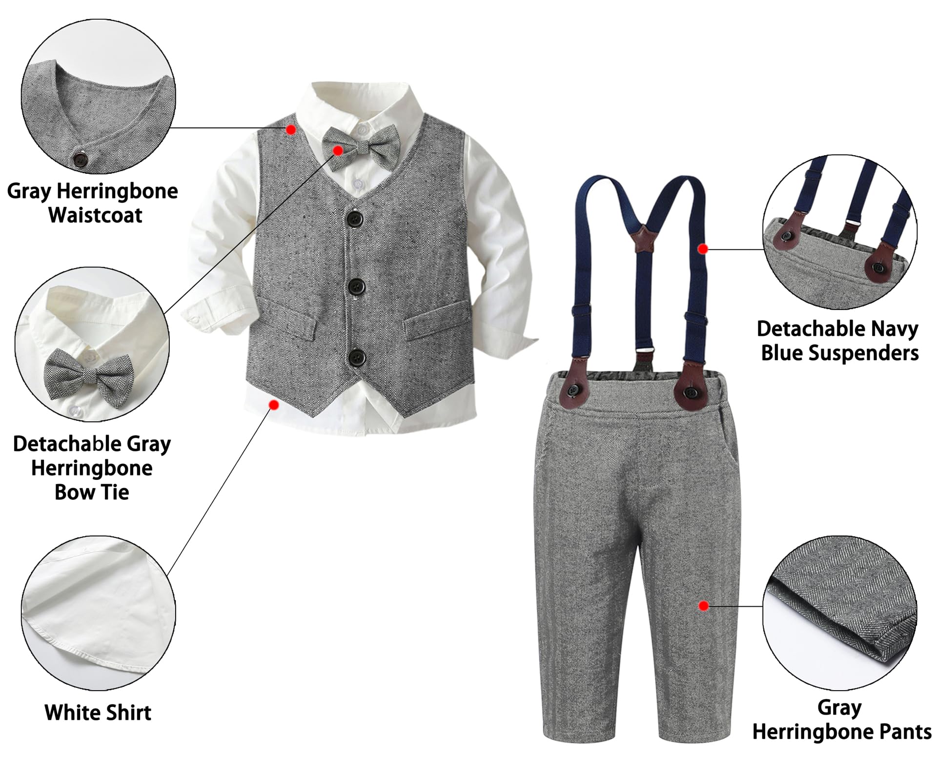 Boys Dress Clothes Set, 3PCS Baby Boy Formal Suits with Bowtie Dress Shirt + Suspender Pants + Suit Vest Wedding Clothing Outfits for Boys， Grey Zsl， 18-24 Months = Tag 90