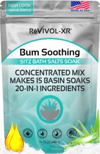 sitz bath for hemorrhoids relief 20-in-1 mix epsom salts+ essential oils, makes 15 soaks for soothing toilet seat basin use. quality usp ingredients, made in usa.