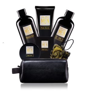 yard house bath and body spa gift baskets set for men - sandalwood amber - 7pc spa kit w. full size items in leather toiletry bag - christmas holiday gifts for him, birthday, fathers day gifts idea