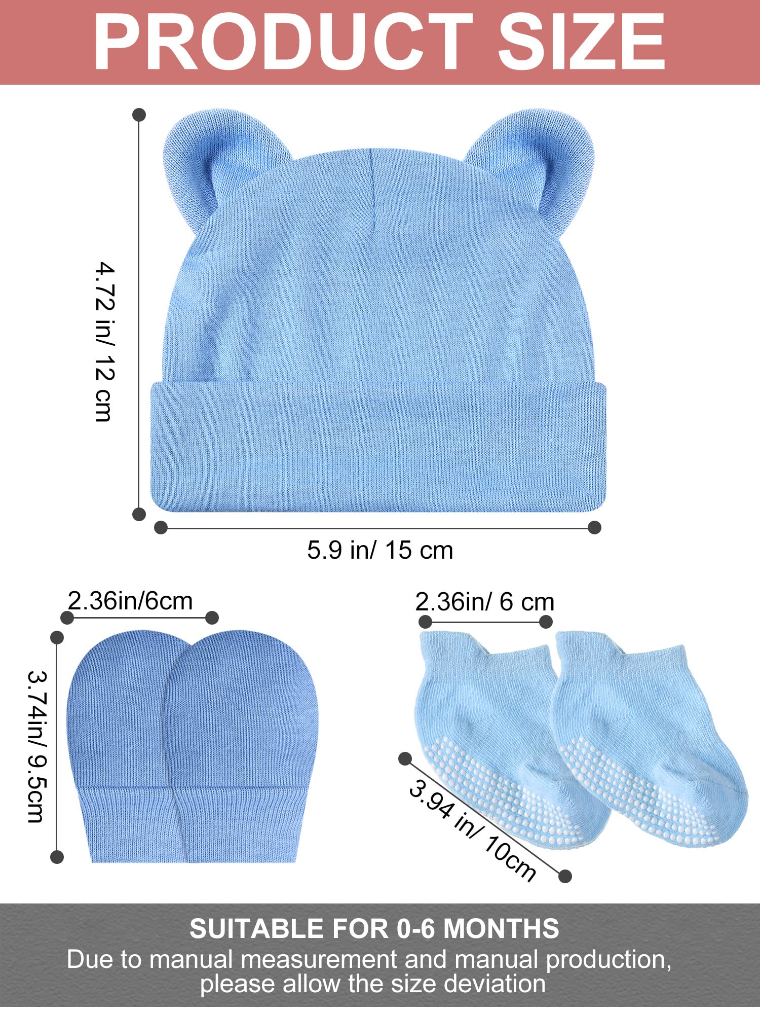 Geyoga Newborn Baby Hat Bear Ears Mittens and Socks Set for 0-6 Month(Multicolor,6 Set)