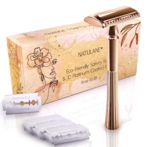 eco friendly safety razor for women & blades | zero waste gift ideas | sustainable shaver for ladies | rose gold straight metal razor | stainless steel double edge razors | reusable safety razor women