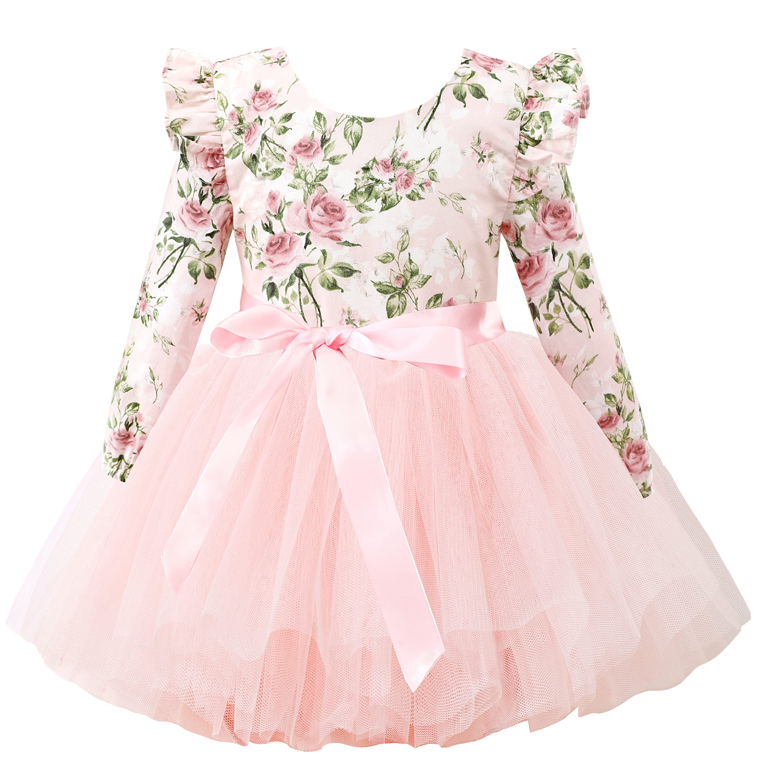 Flofallzique Toddler Tulle Dress Long Sleeves Vintage Floral Little Girls Tea Party Dresses (Peach, 1 Year)