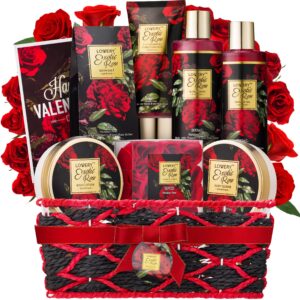 valentines day gifts for her - exotic rose valentine gift basket for women, spa bath and body gift set, anniversary gifts for women, mom birthday gift with body scrub, bubble bath, lotion & more